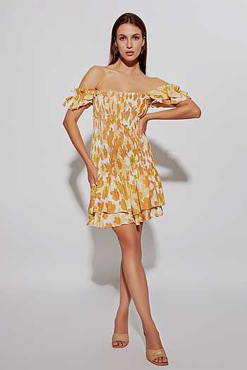 Buy Beige Cotton Printed Floral Straight Off Shoulder Dress For Women ...