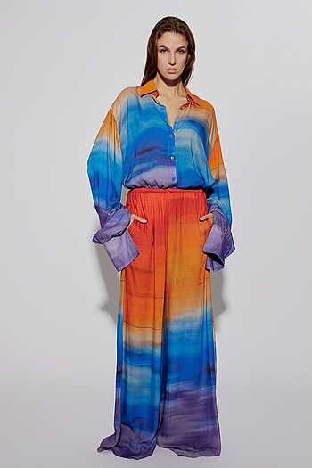 Buy Multi Color Cotton Printed Abstract Shirt Collar Oversized And Pant ...