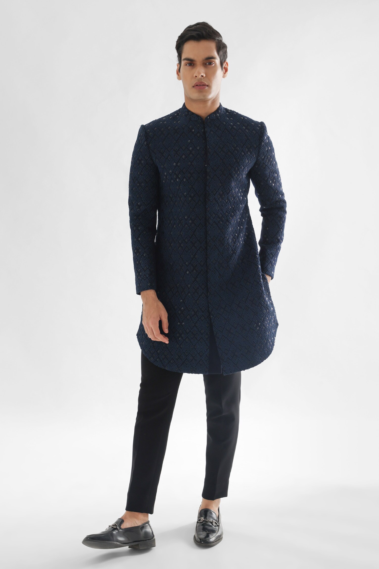 Buy Blue Achkan Stretchable Embroidered Deep Forest Geometric With Pant ...