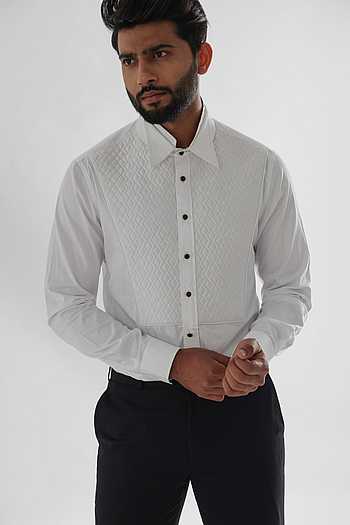 Buy White Giza Cotton Embroidered Quilted Honeycomb Panel Shirt For Men ...
