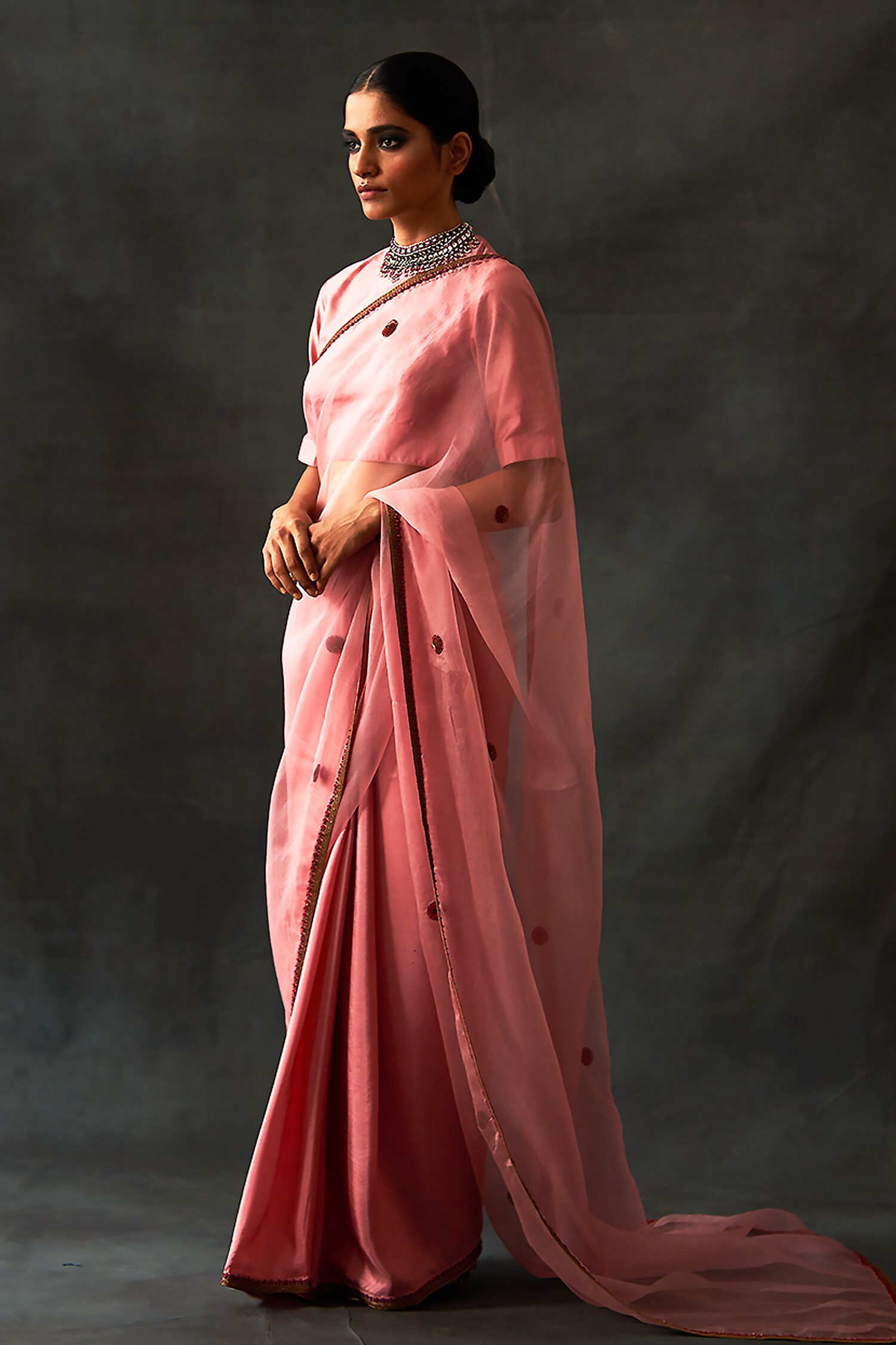 Buy Pink And Habutai Silk And Organza Embroidery Aari Flower Butti ...