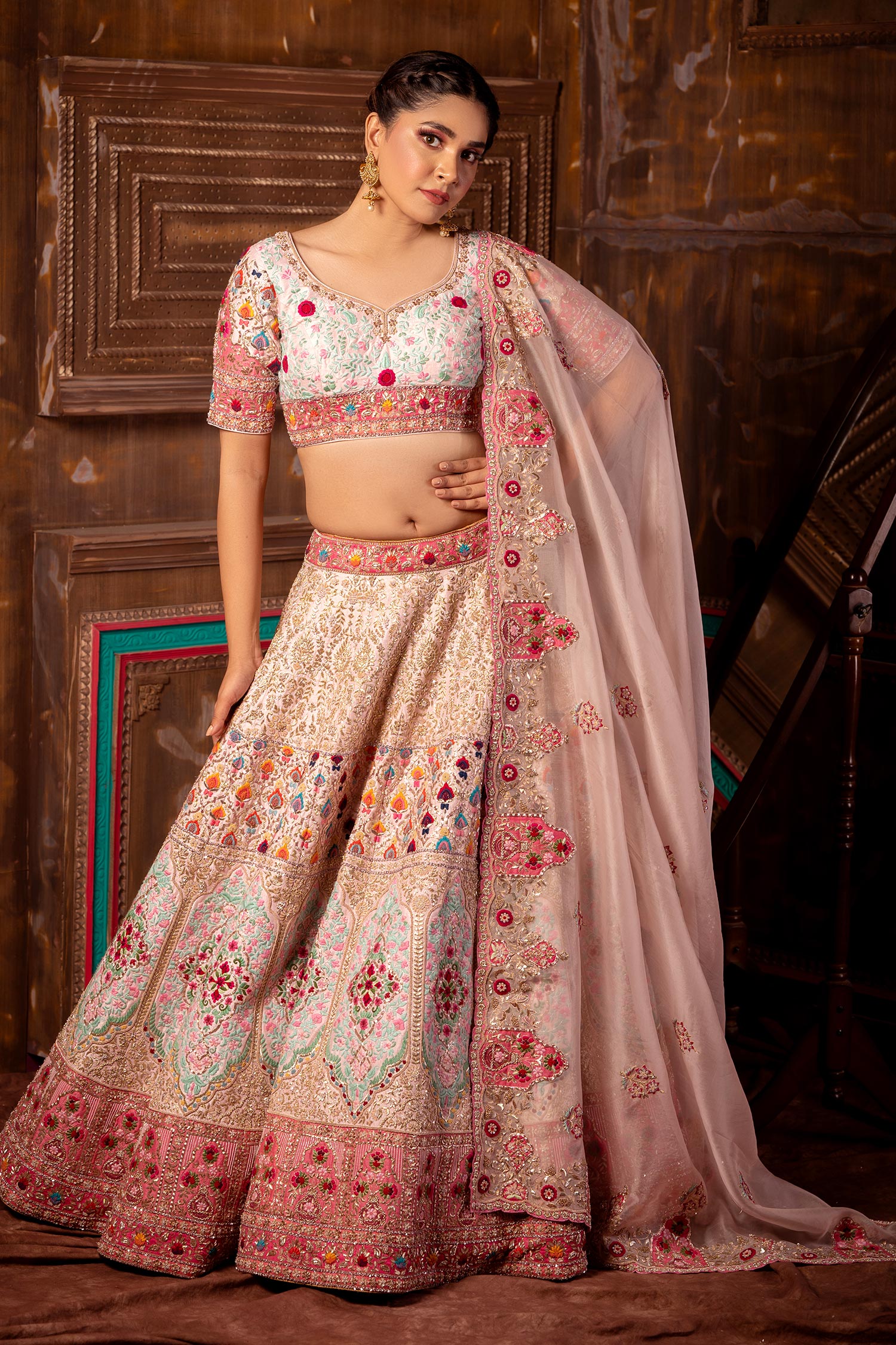 Buy Pink Raw Silk Embroidered Filigree Vintage Bridal Lehenga Set For ...