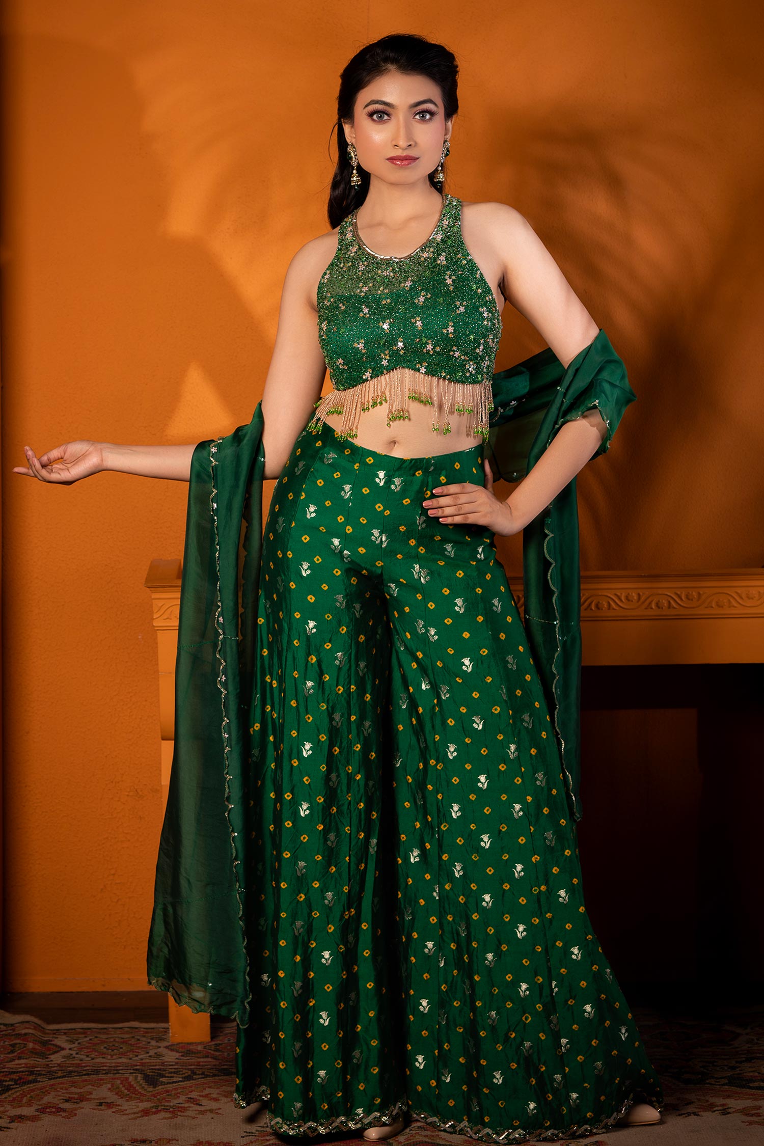 Buy MOHA Atelier Green Floral Embellished Top And Bandhej Pattern ...