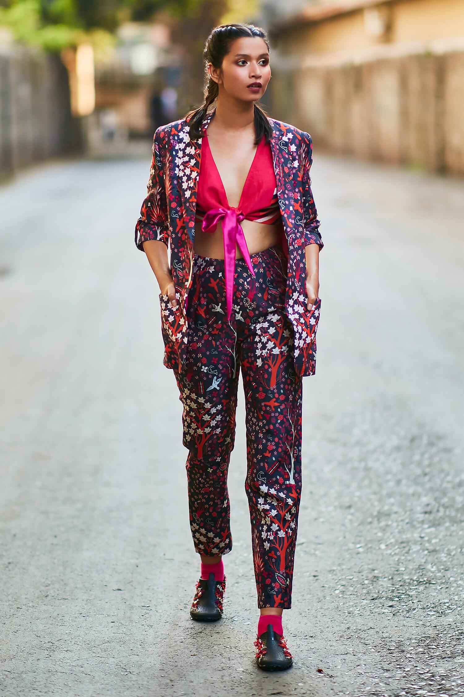 Buy Grey Silk Printed Jungle Shawl Collar Concrete Suit And Pant Set ...