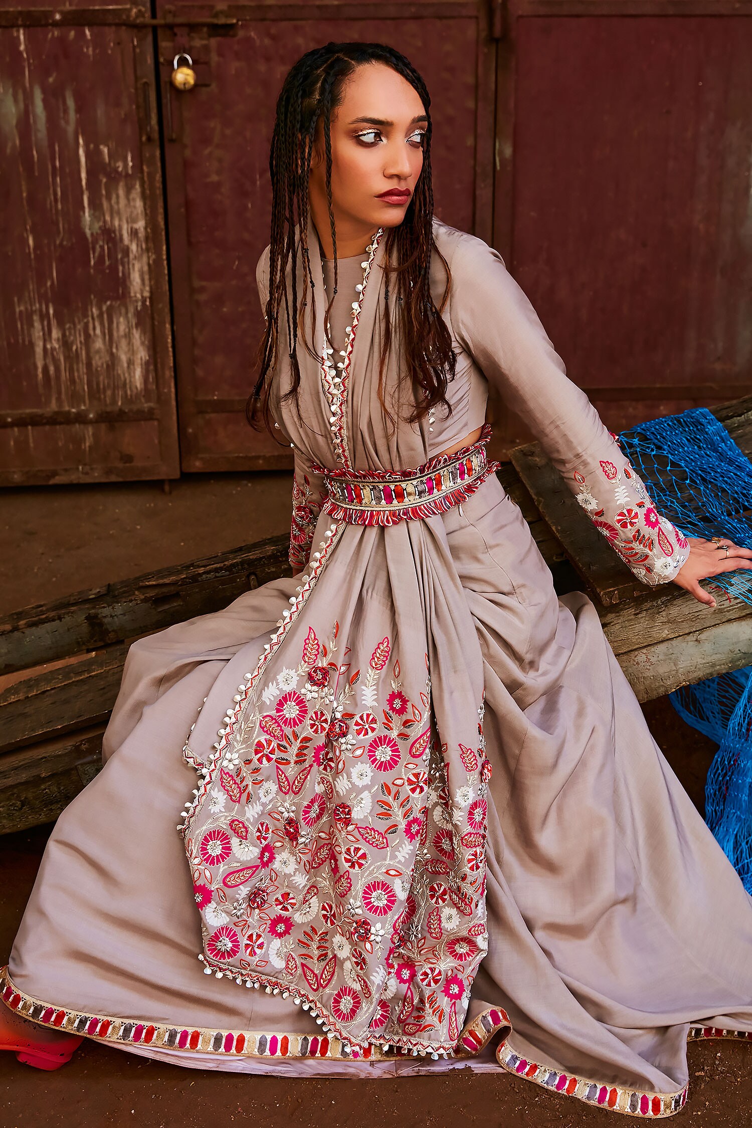 Buy Grey Shimmer Crepe Embellished Thread Border Lehenga And Blouse Set ...