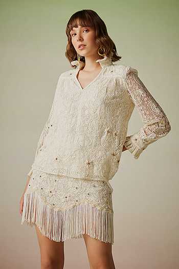 Buy Ivory Viscose Embroidered Bead Frill Lace Work Sleeve Top For Women ...