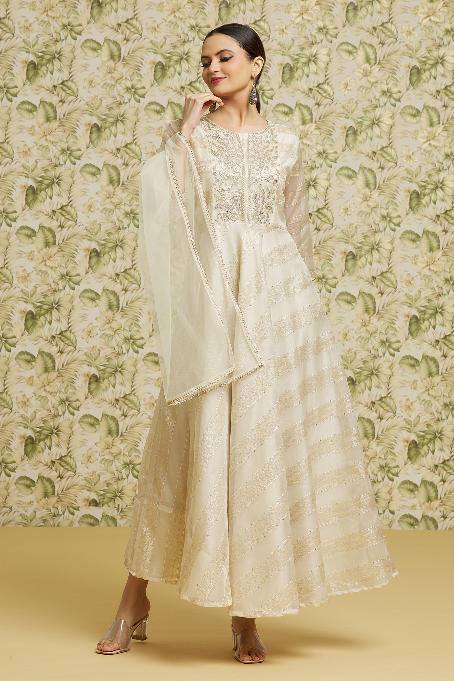 Buy Off White Cotton Embroidery Flower Round Neck Yoke Anarkali For ...