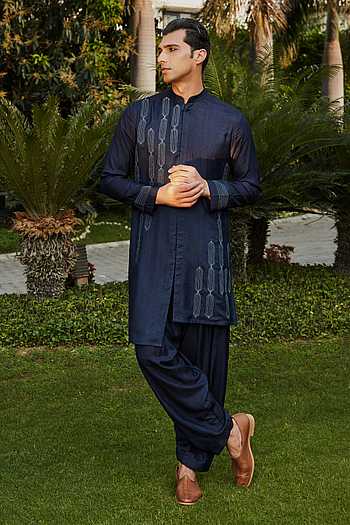 Buy Blue Cotton Silk Tussar Embroidered Geometric Amin Kurta With ...