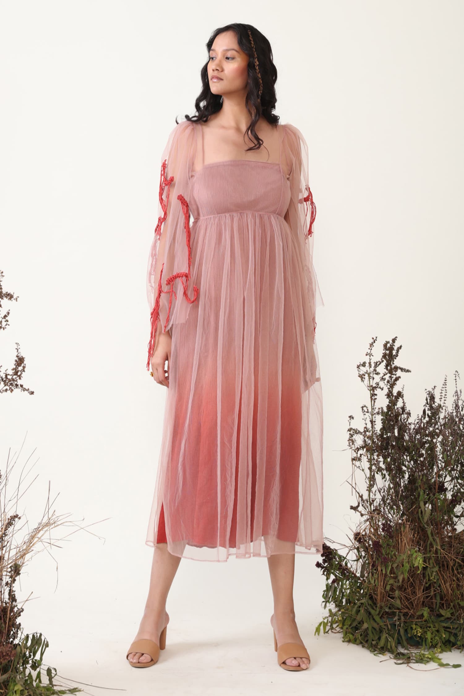 Buy Chambray & Co. Pink Soft Tencel Tulle Willow Sleeve Embroidered ...