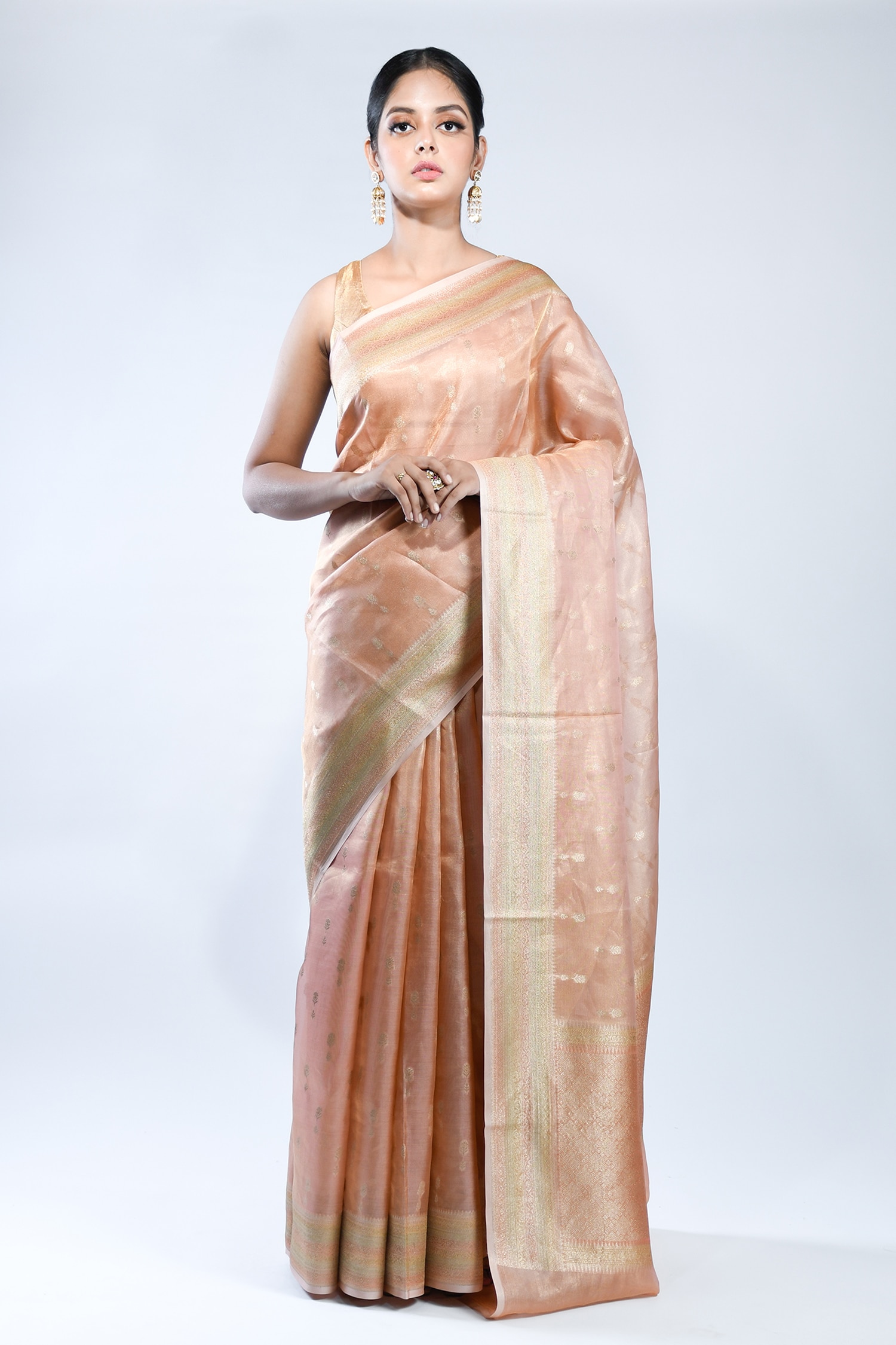 Buy Peach Tissue Handloom Banarasi Handwoven Saree With Running Blouse ...