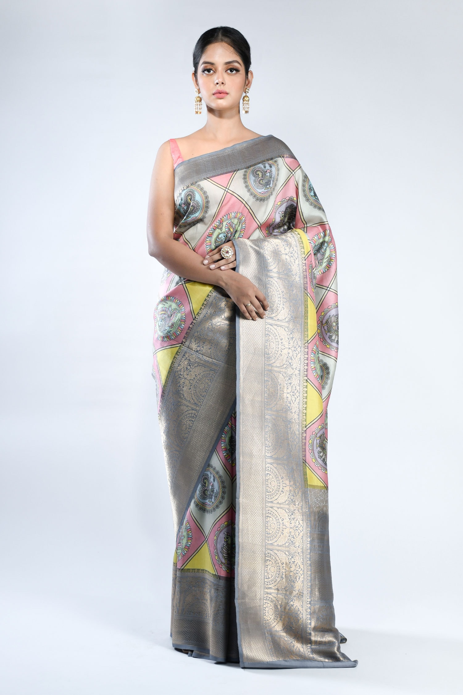 Buy Grey Katan Silk Printed Mural Handloom Saree With Running Blouse ...