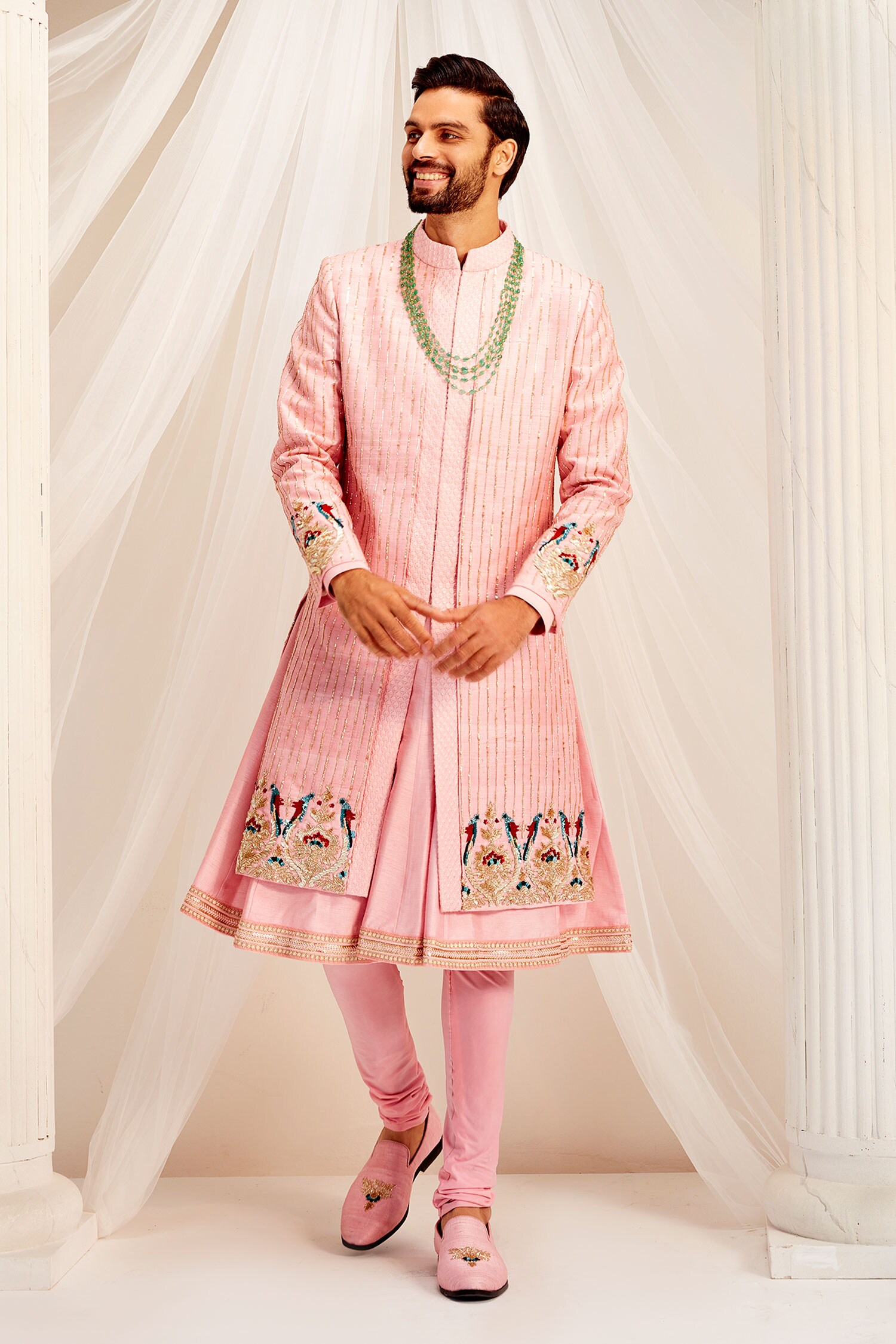 Buy Peach Raw Silk Embroidered Glass Stripe And Bird Pattern Sherwani ...