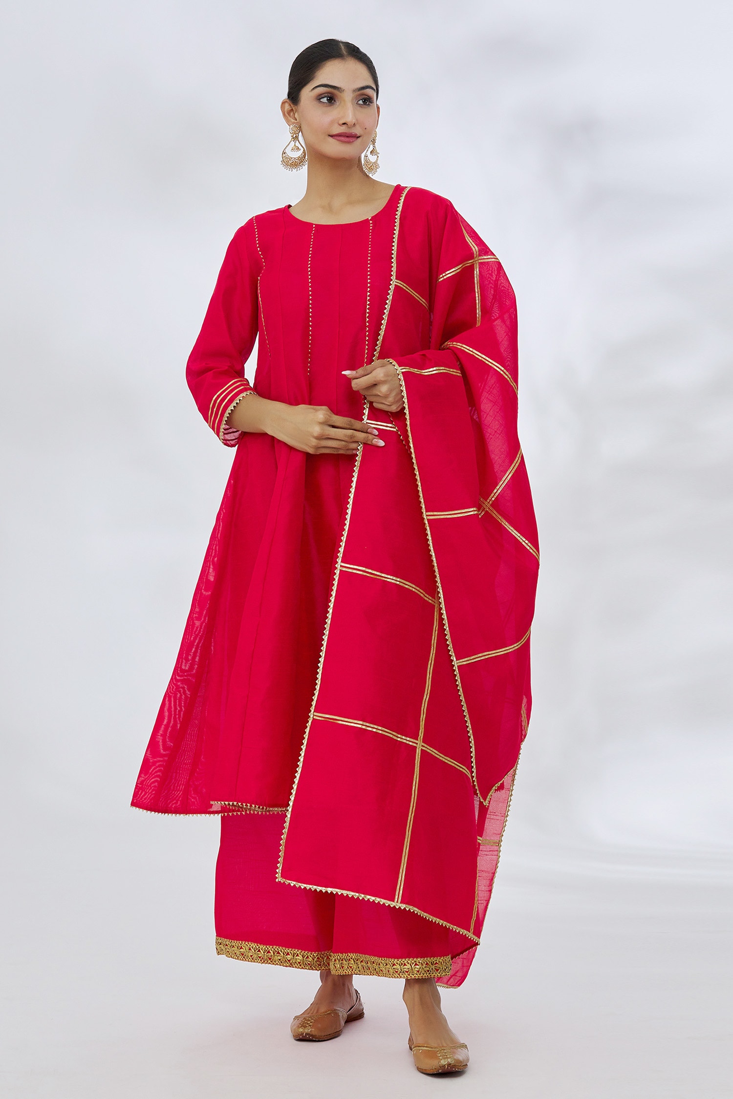 Buy Red Silk Embroidery Gota Patti Round Neck A Line Kurta Palazzo Set