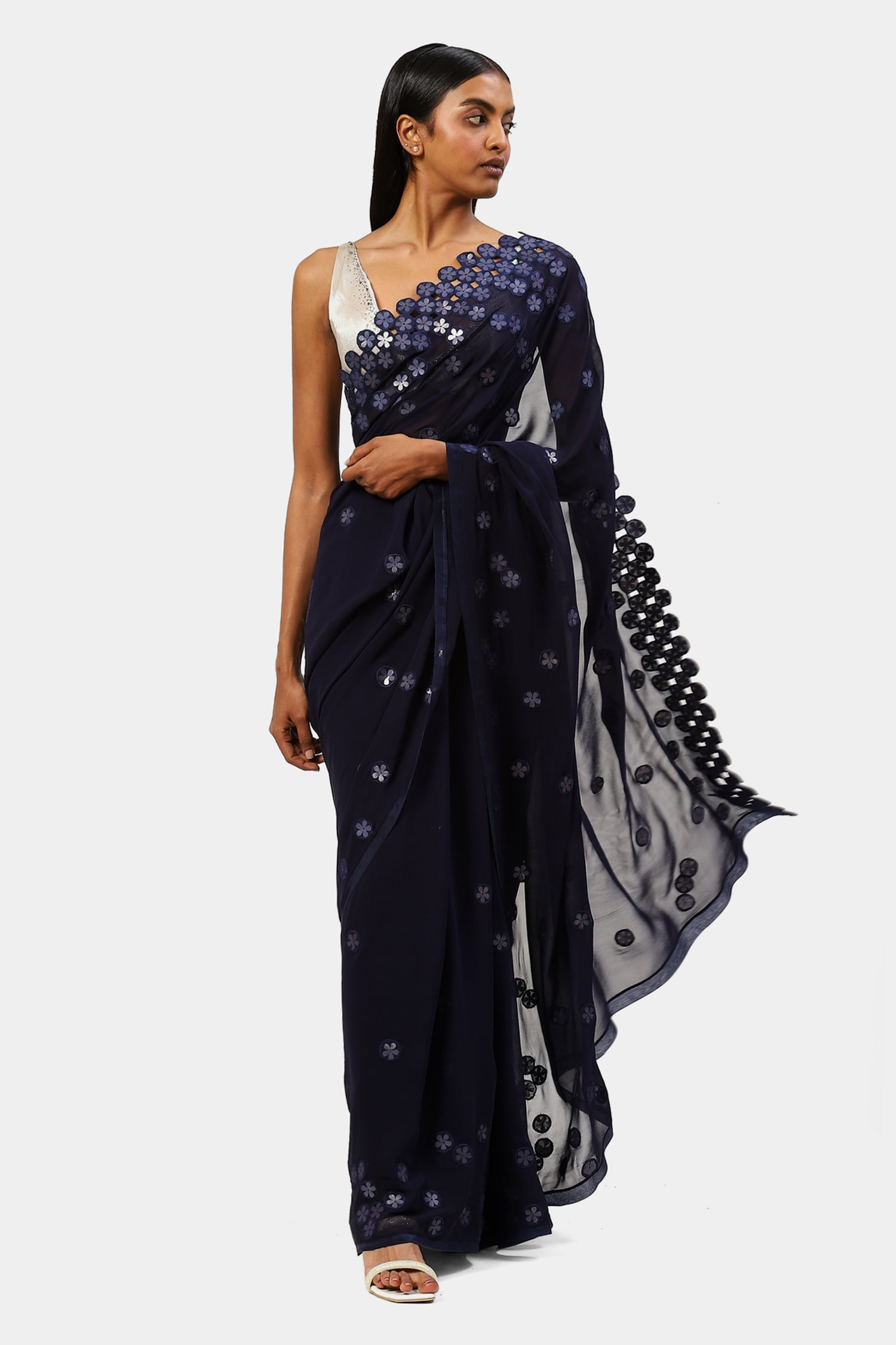 Buy Blue Viscose Georgette Embroidered Floral Sequin And Night Saree ...