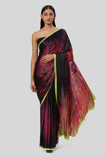 Buy Black Georgette Satin Embellished Crystal The Orbit Saree For Women ...