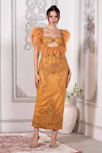 Buy Asra Brown Net Swirl Crystal Embellished Dress Online | Aza Fashions
