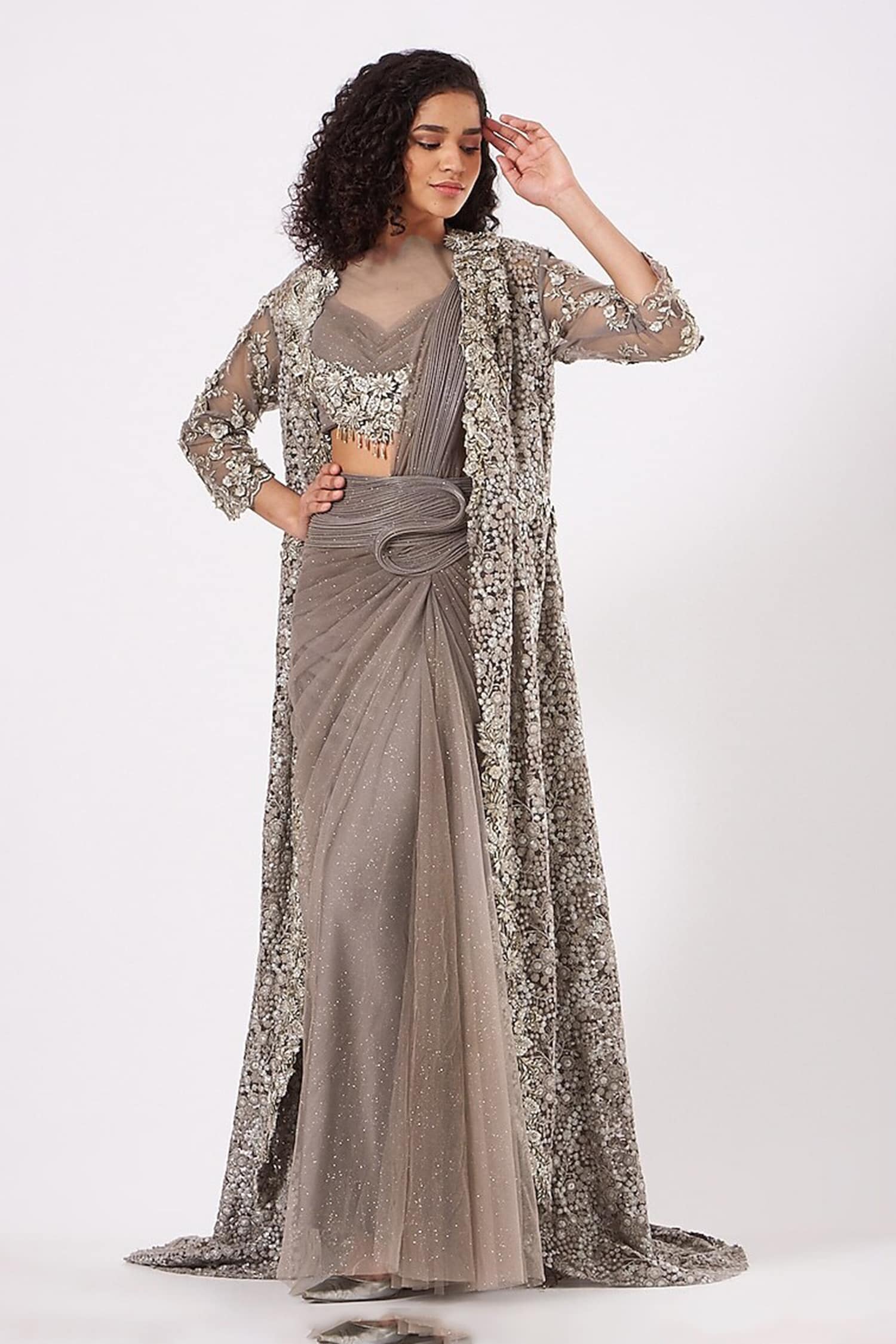 Buy Grey Net Hand Embroidery Floral Pre-draped Saree And Cluster Cape Set For Women by ANJALEE ...