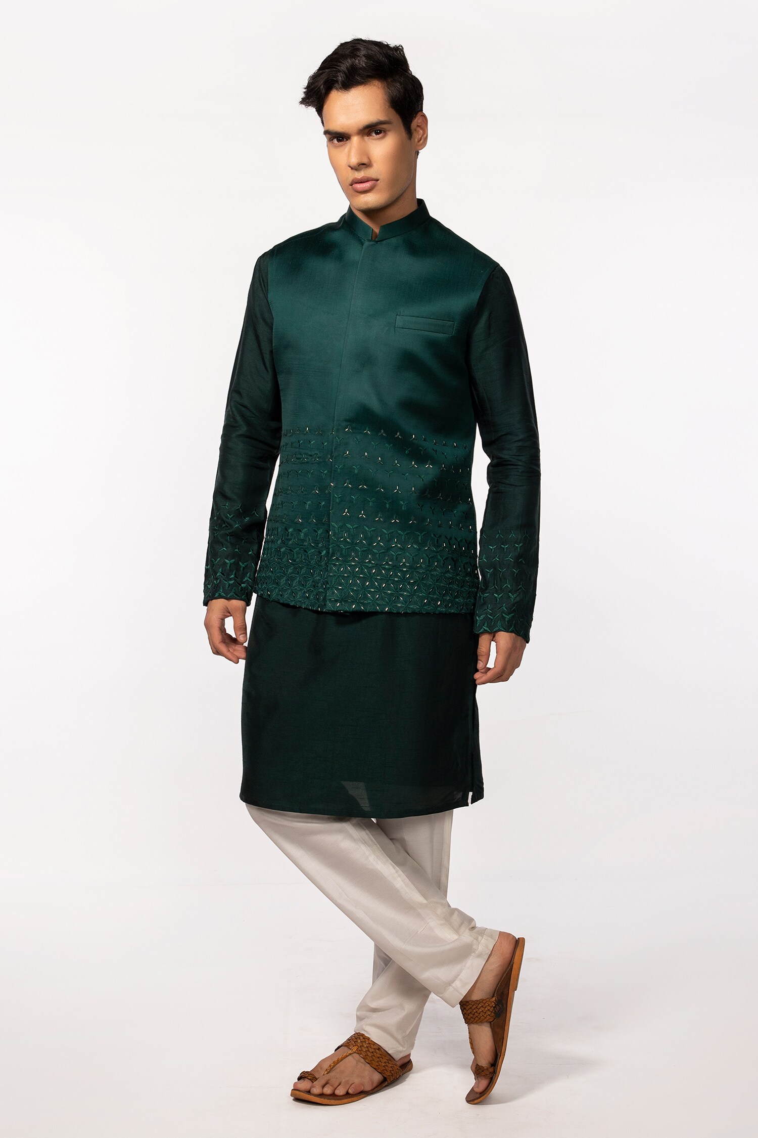 Buy Kaka Menswear Green Linen Satin Placement Embroidered Bundi Online ...