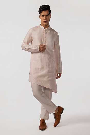 Buy Kaka Menswear Pink Solid Asymmetric Kurta And Pyjama Pant Set ...