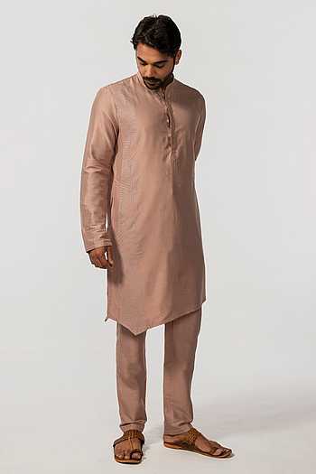 Buy Kaka Menswear Pink Asymmetric Kurta And Pyjama Pant Set Online ...