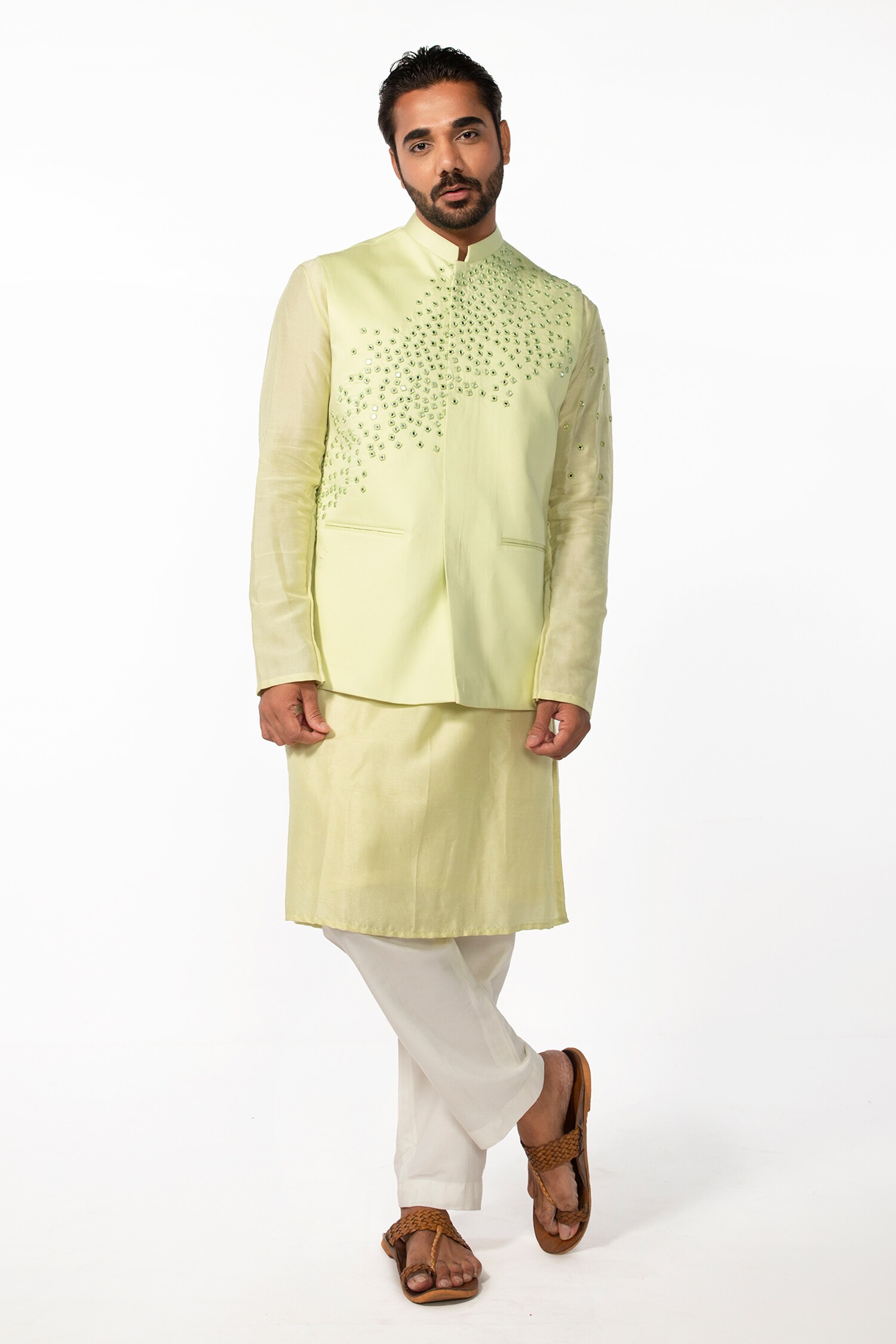 Buy Kaka Menswear Green Mandarin Collar Kurta Set With Bundi Online ...