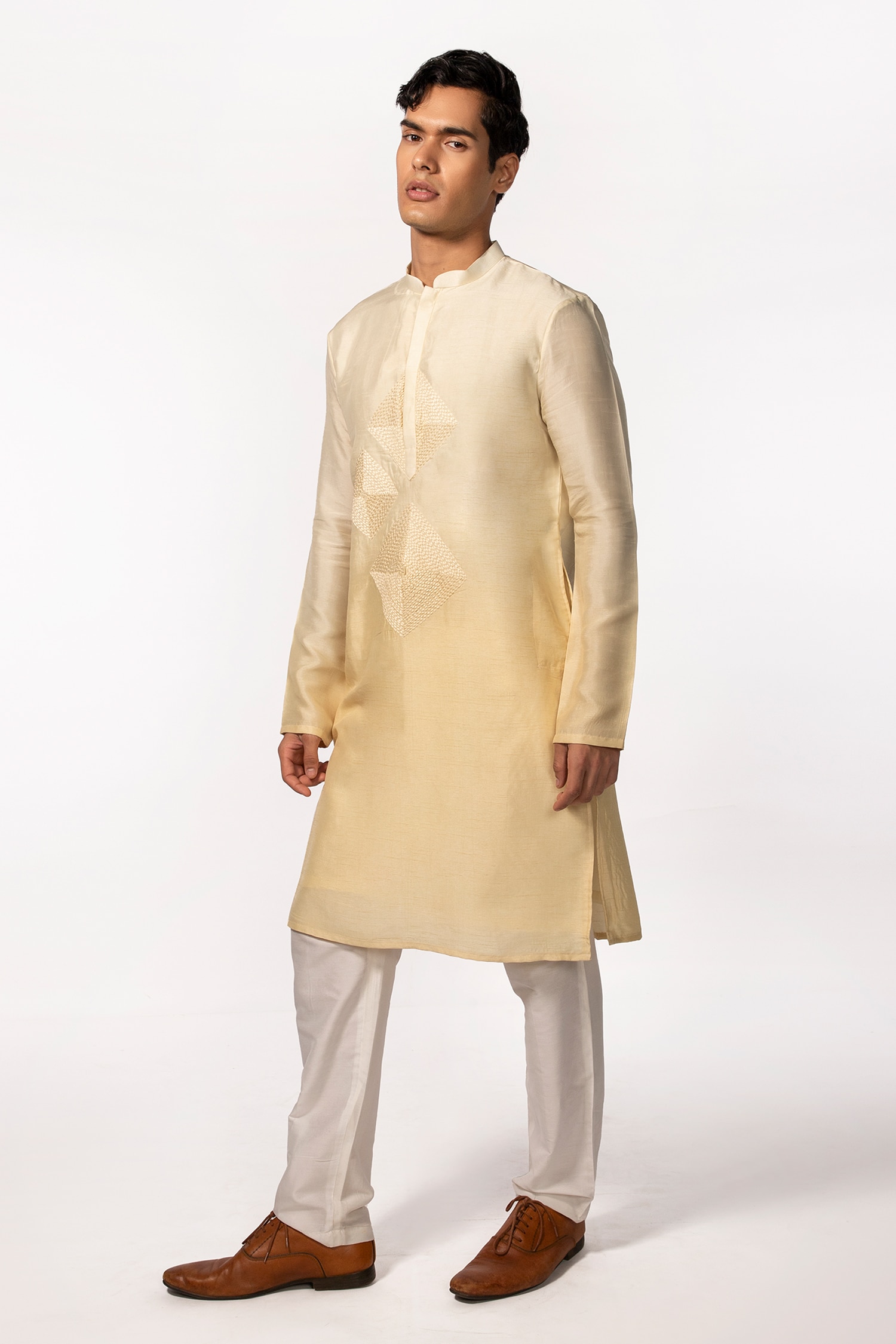Buy Yellow Kurta Bam Silk Embroidery Thread Ombre Diamond Set For Men ...