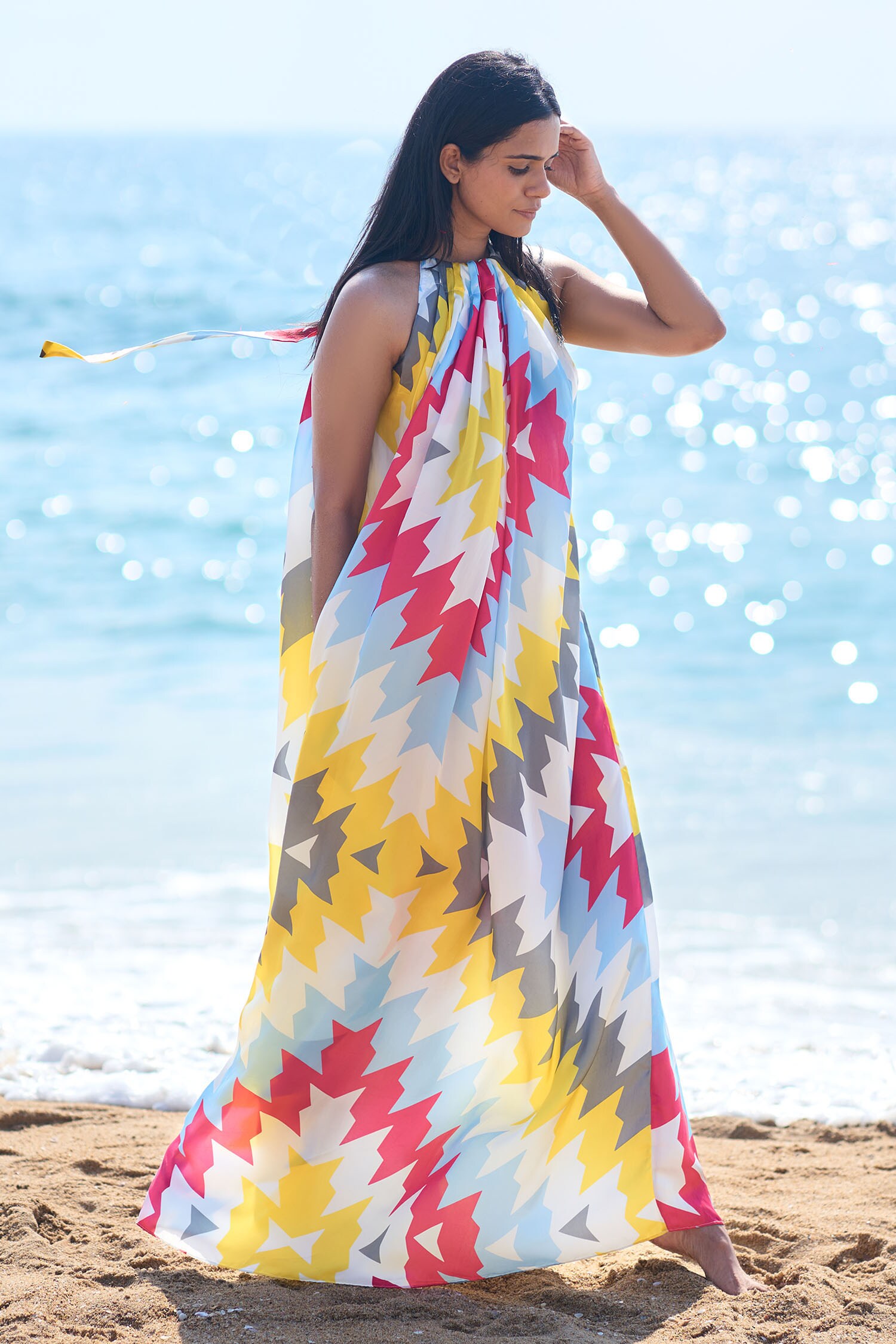 Buy Studio Moda India White Bemberg Aztec Pattern Maxi Dress Online ...