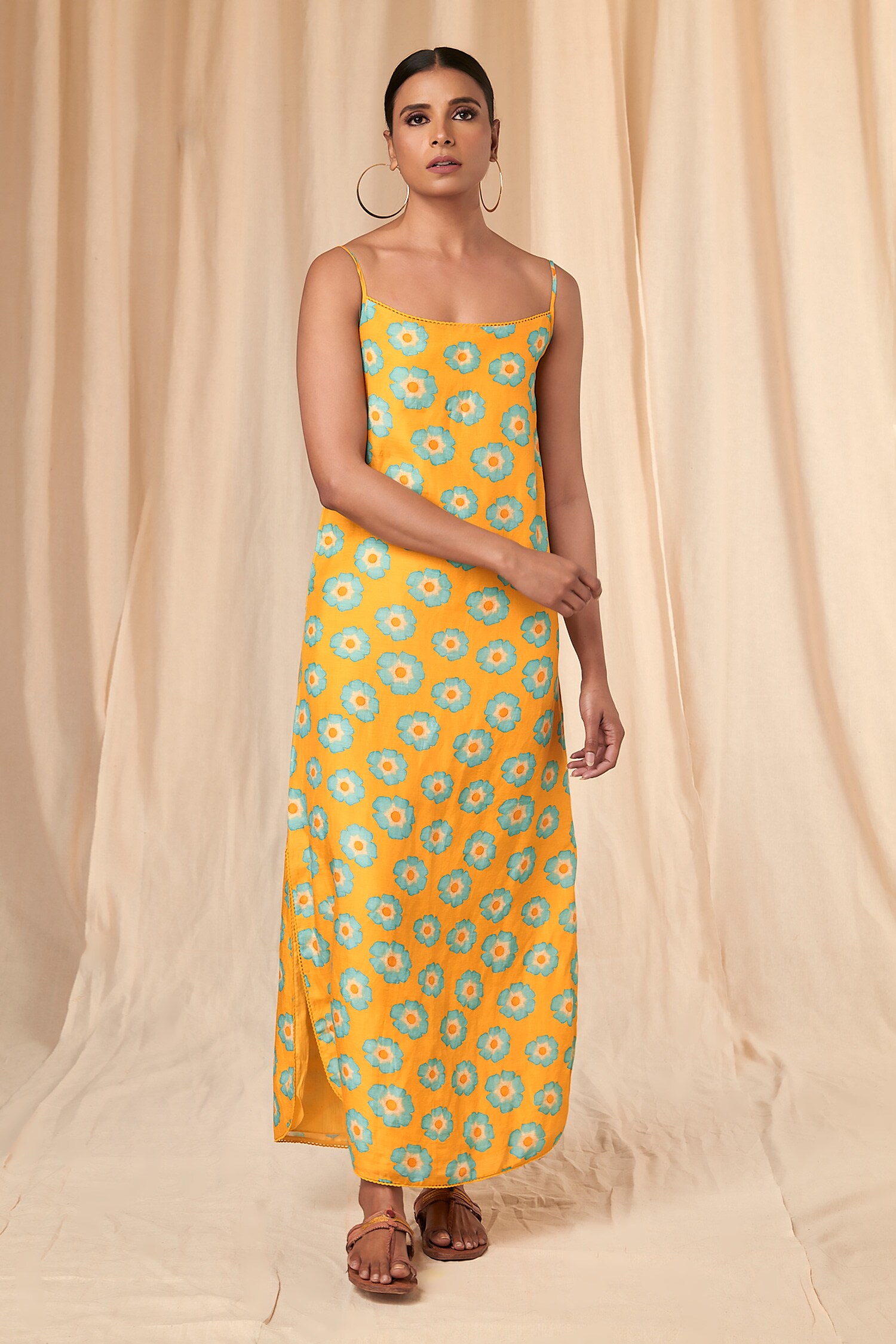 Buy Yellow Bemberg Linen Print Crazy Daisy Square Neck Slip Dress For ...