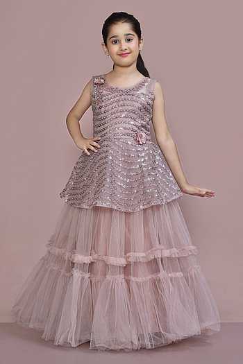 Buy Purple Net Embroidered Sequins Ruffle Gown For Girls by Samyukta ...