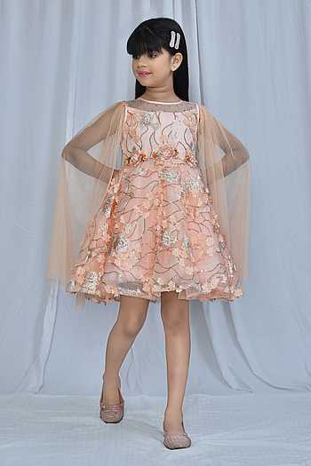 Buy Peach Net Embroidered Sequin Floral Applique Frock For Girls by ...