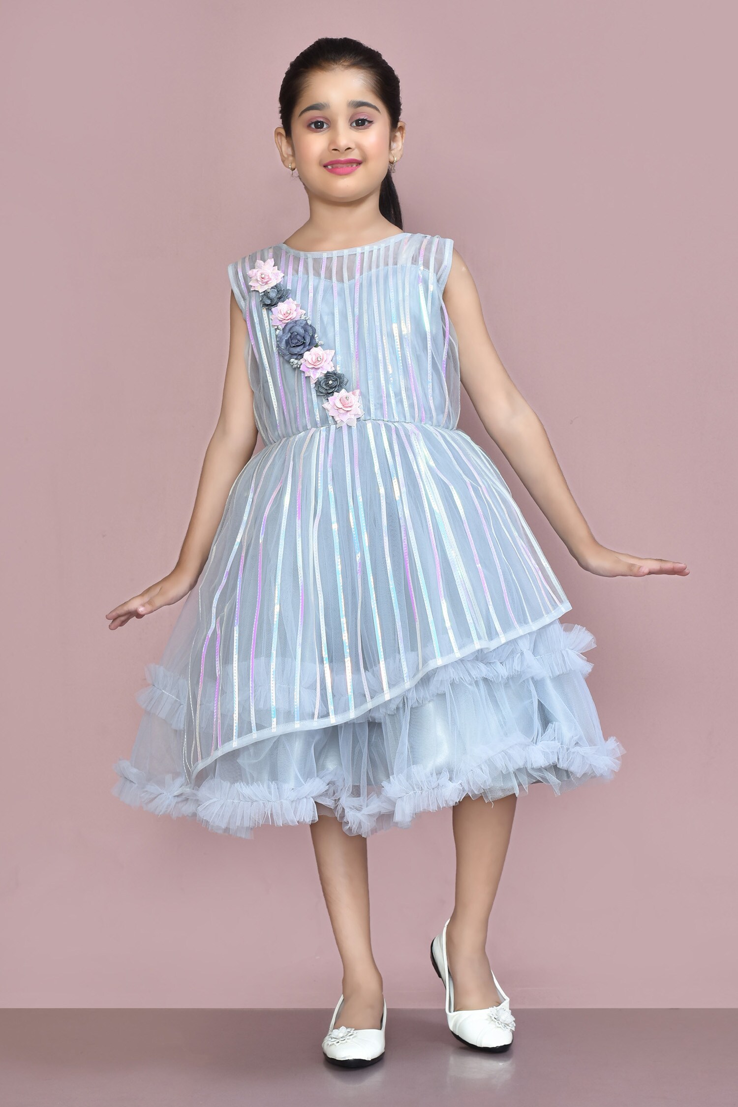 Buy Grey Net Metallic Stripes Holographic Frock For Girls by Samyukta ...
