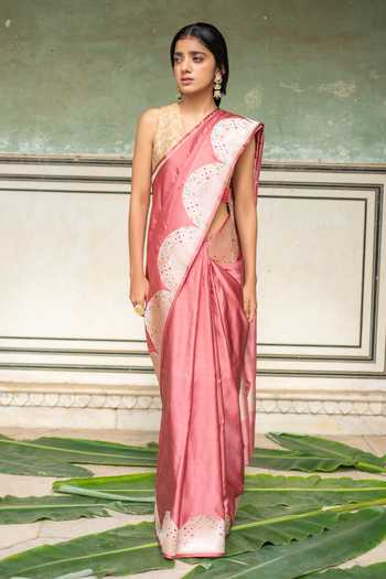 Buy Priyanka Raajiv Coral Bhagwati Silk Mashru Saree With Zane Running ...
