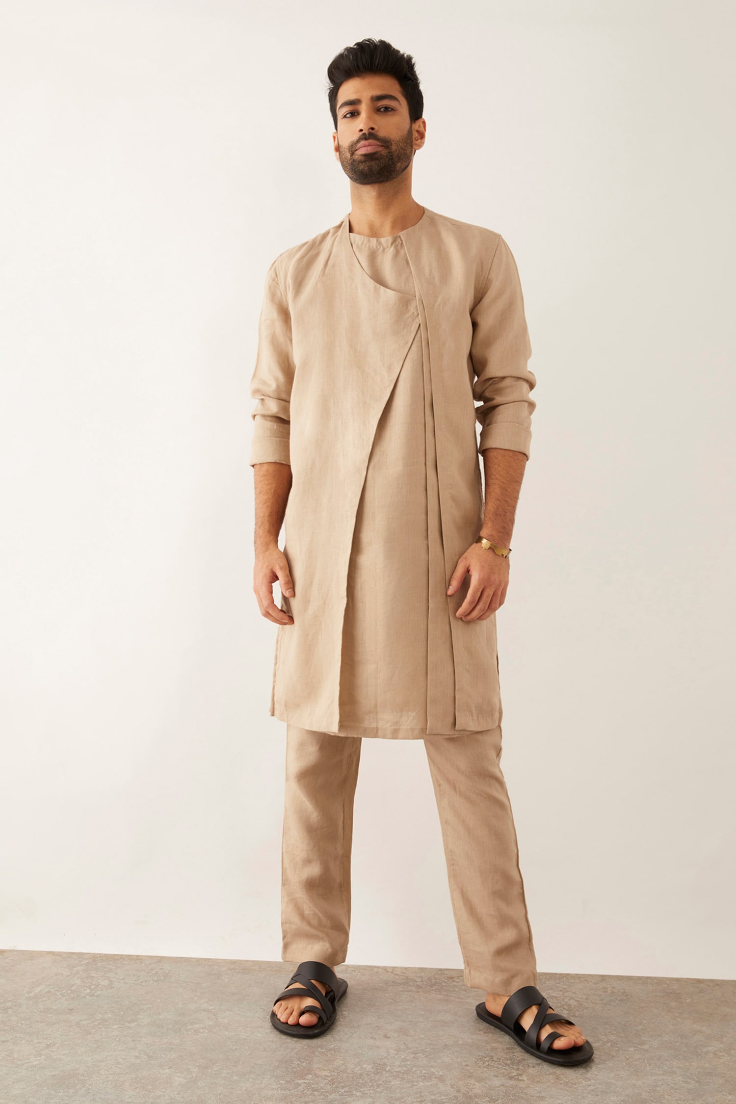 Buy Beige 100% Linen Solid Tabby Layered Panel Kurta For Men by Son of ...