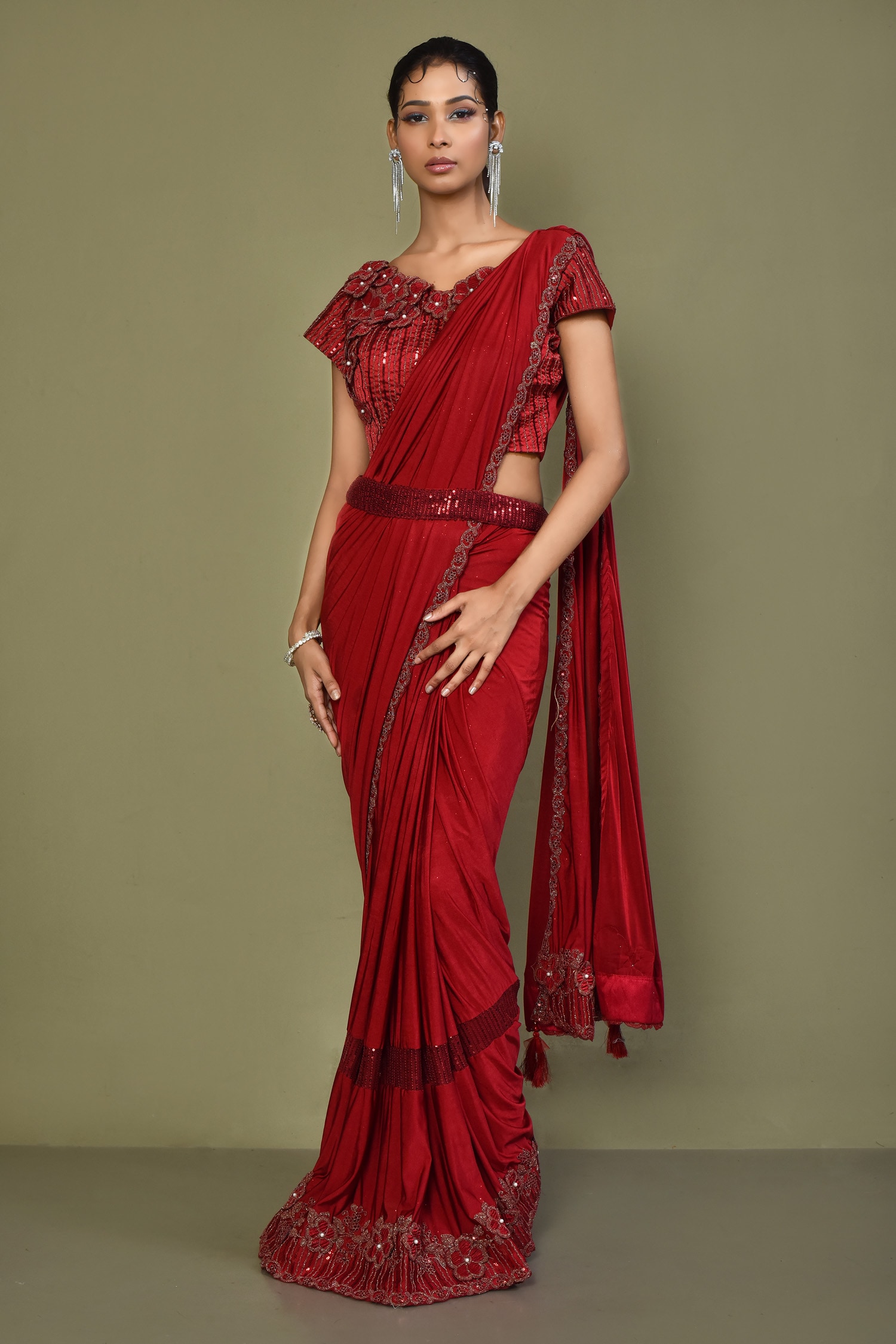 Buy Red Saree Crepe Lycra Embroidery Stripe V Pre-draped With Blouse ...