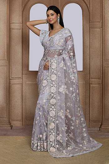 Buy Purple Embroidered Sequin Oomvi Floral Thread Saree For Women by ...