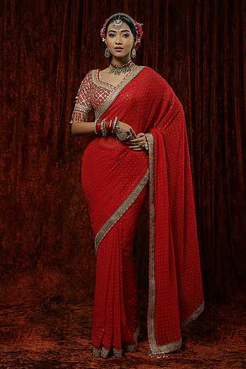 Buy Red Saree: Georgette Embroidery Badla Leaf Neck Surkh With Blouse ...