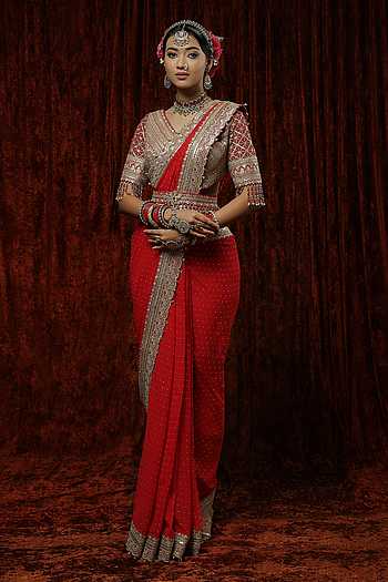 Buy Red Saree Georgette Laal Gulab Guccha With Silk Chanderi Blouse For ...
