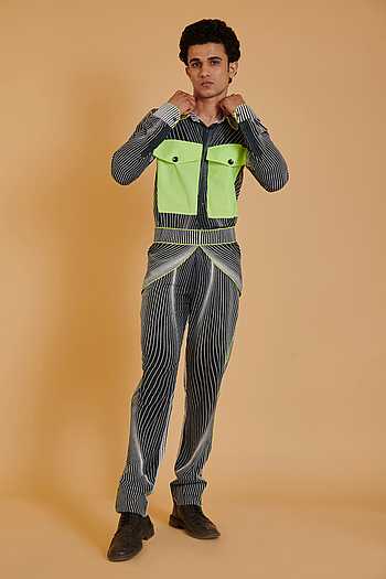 Buy Black Heavy Crepe Digital Print Diffraction Linear Shirt And Pant ...