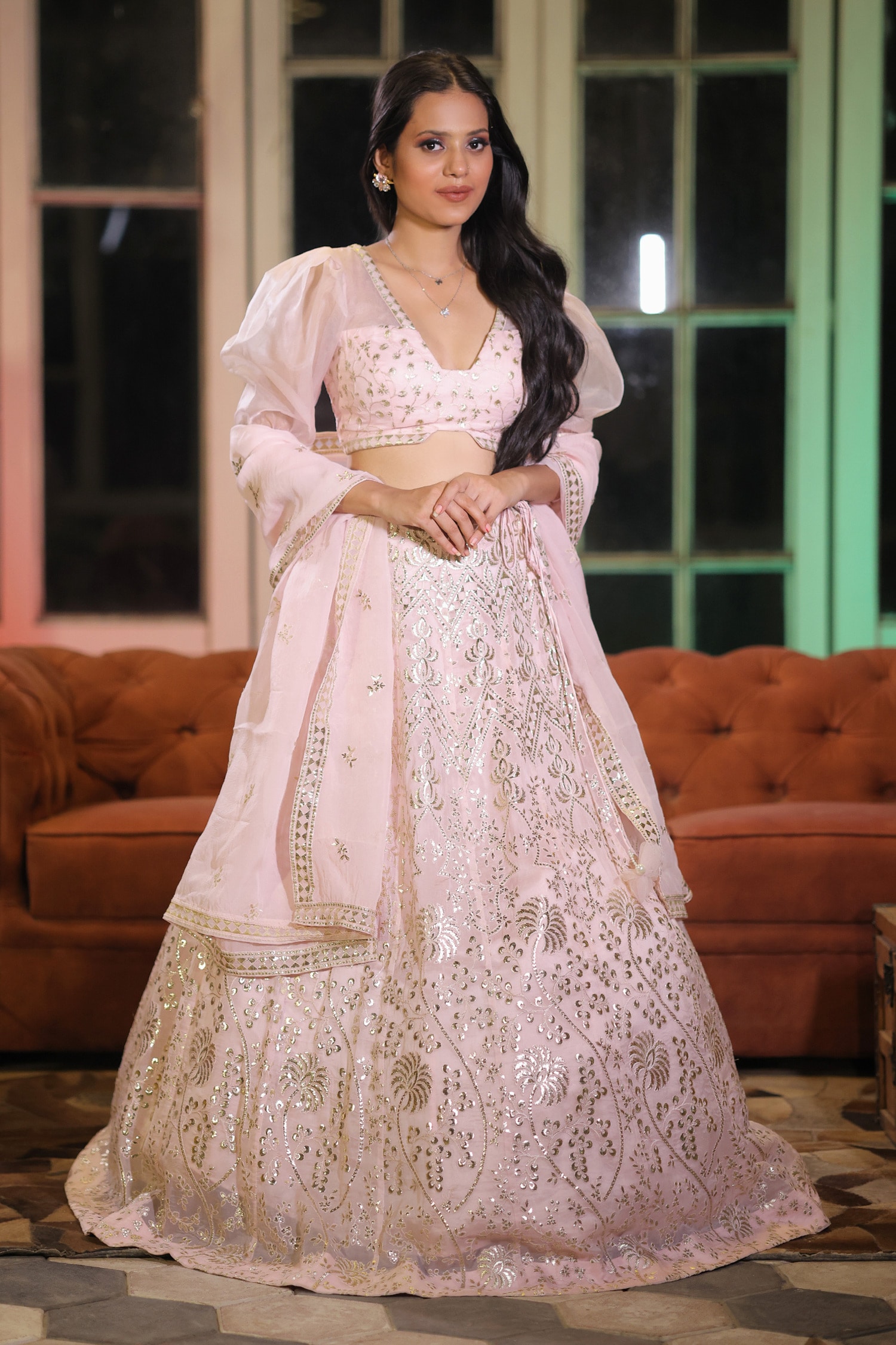 Buy Pink Organza Embroidery Thread Blunt V Neck Mukaish Lehenga Set For ...