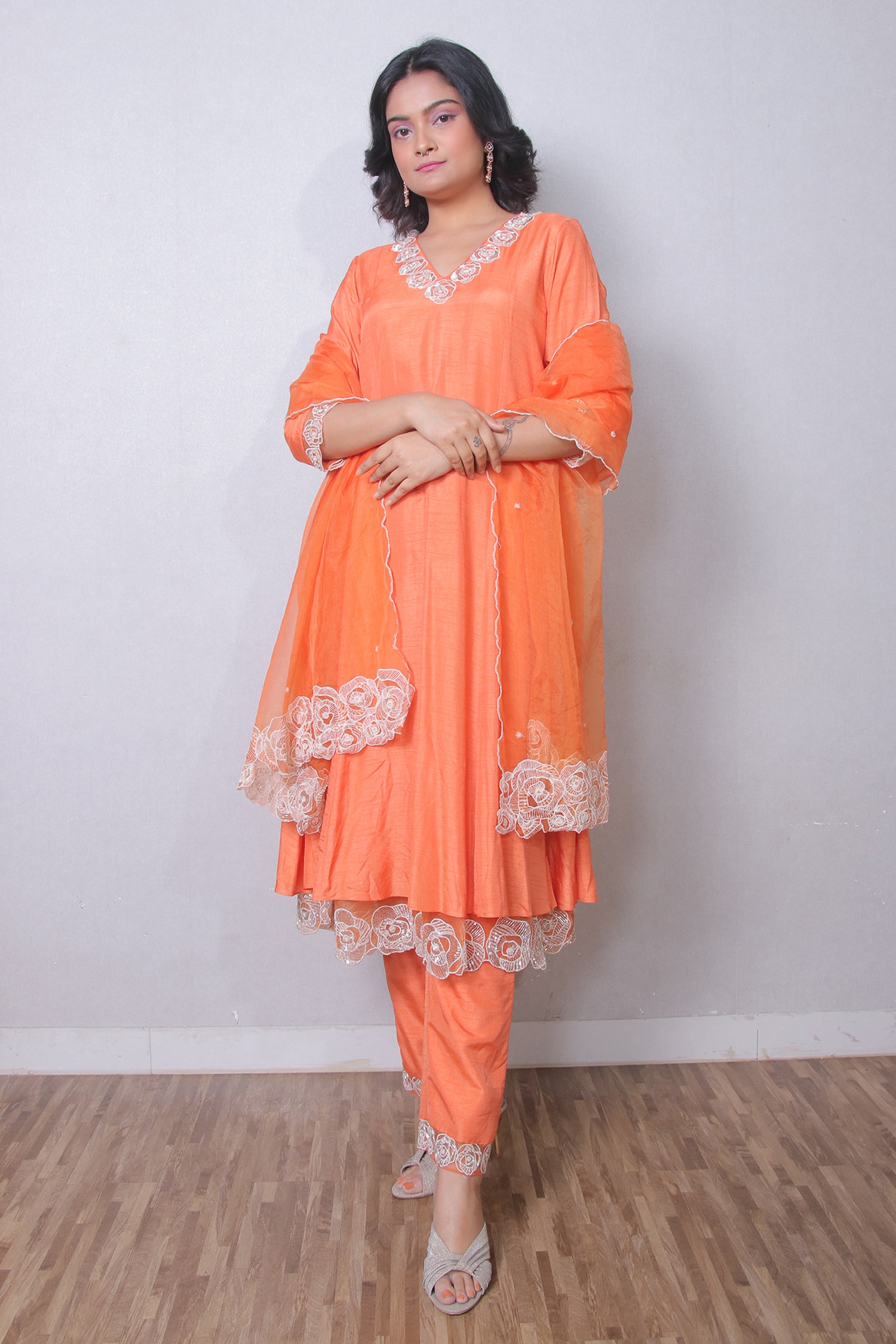 Buy Orange Silk Organza Embroidered Resham V Neck Anarkali Pant Set For ...