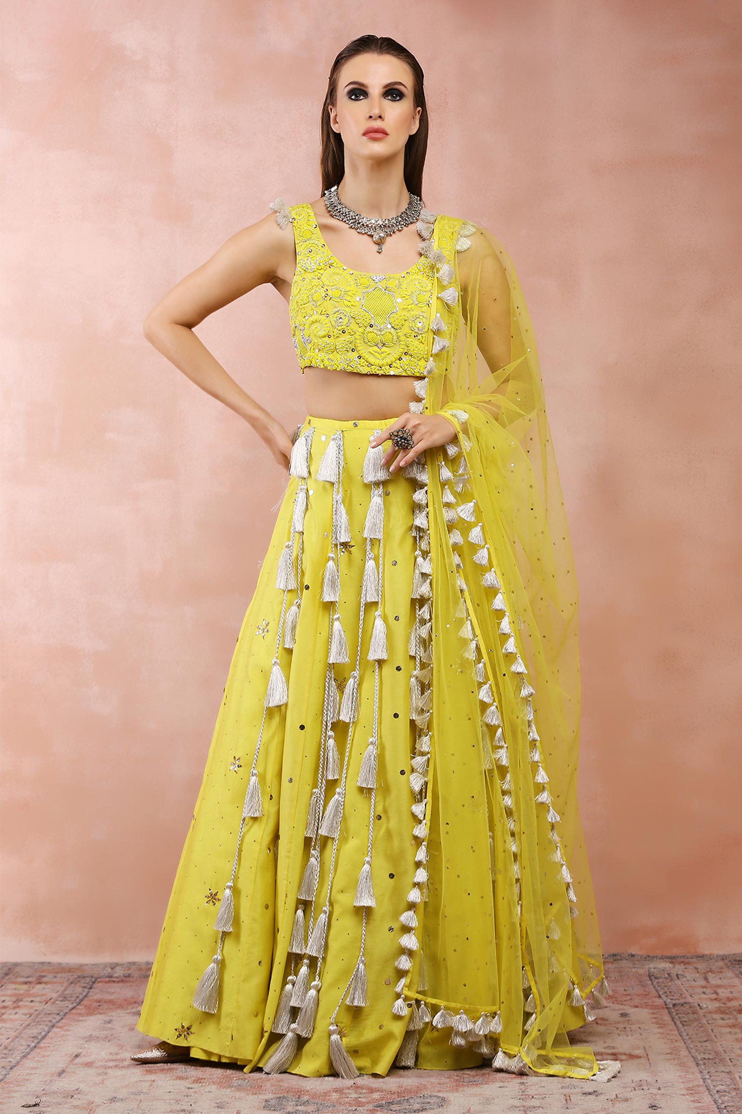 Buy Yellow Georgette Embroidered Thread Round Neck Mukaish Lehenga Set ...