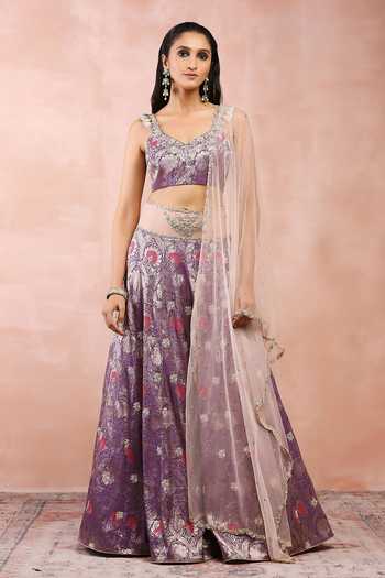 Buy Purple Brocade Woven And Embroidered Botanical Pattern V Lehenga ...