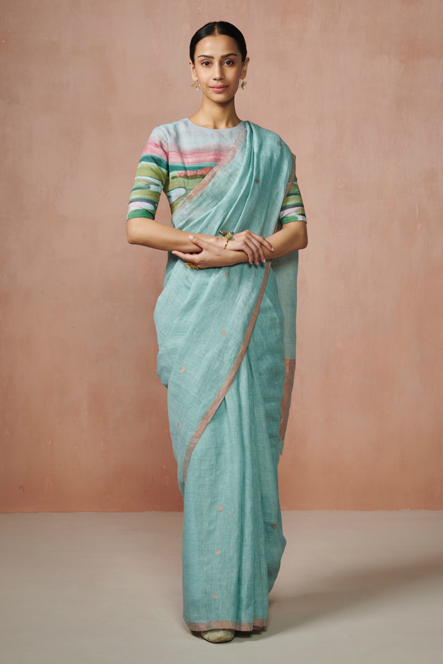 Buy Blue Linen Woven Stripe Fizaah Handloom Butti Pattern Saree For Women by Dressfolk Online at ...