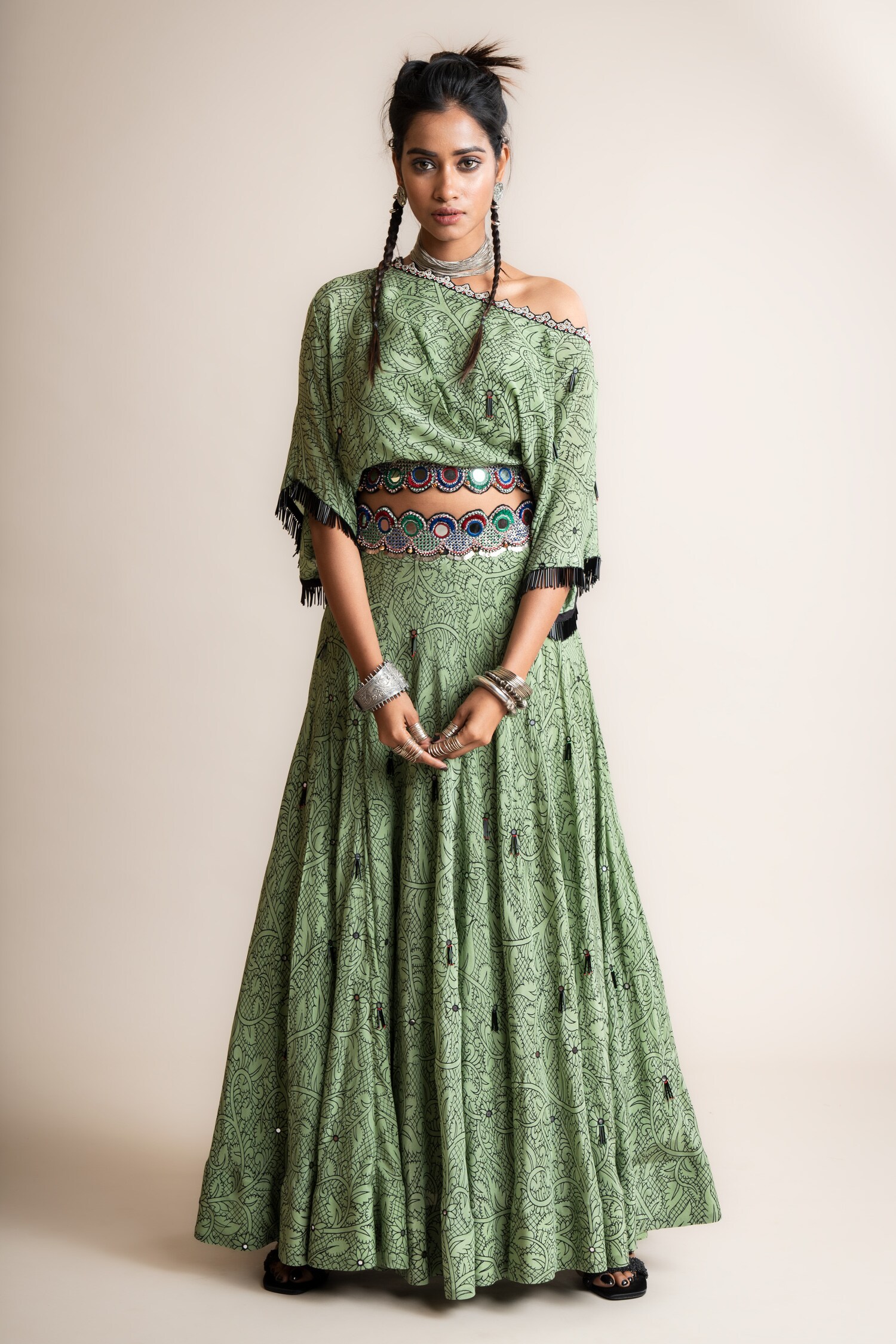 Buy Nupur Kanoi Green Crepe Floral Print Off-shoulder Top And Lehenga ...