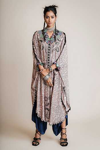 Buy Nupur Kanoi Pink Peacock Print Cape With Draped Pant Online | Aza ...