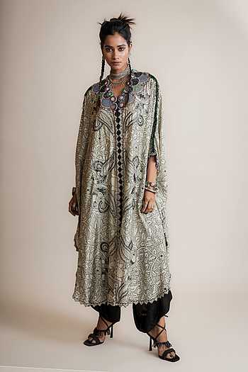 Buy Nupur Kanoi White Mirrorwork Embellished Cape With Draped Pant ...