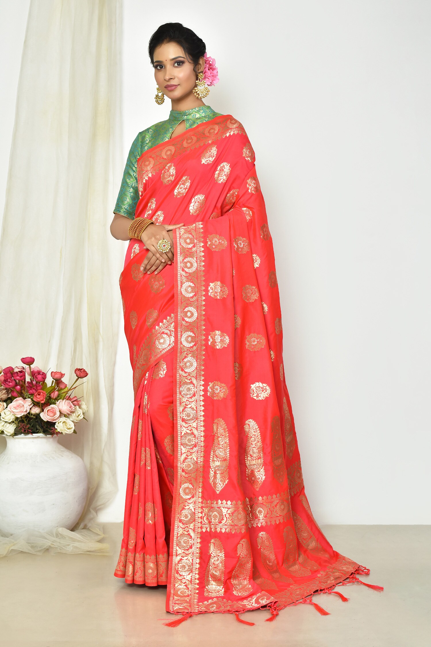 Buy Coral Woven Flower Butti Saree With Running Blouse For Women by ...