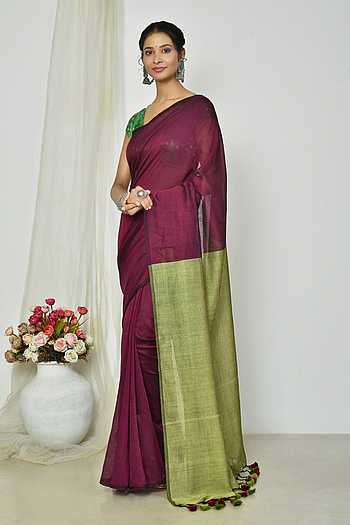 Buy Multi Color Mulmul Cotton Woven Colorblock Saree With Running ...