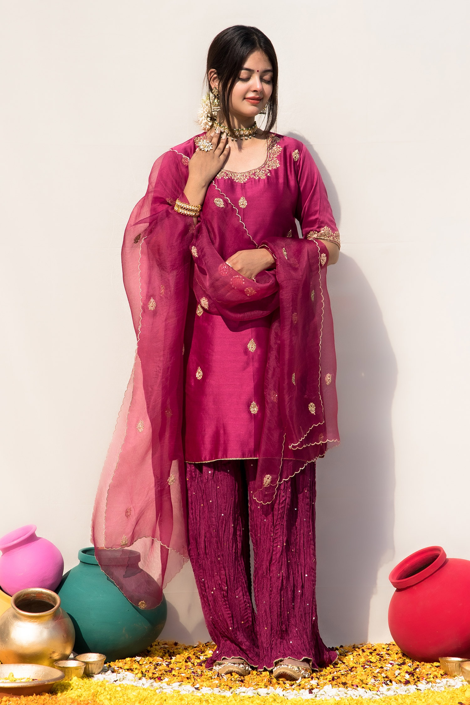 Buy Wine Silk Chanderi Hand Embroidered Zardosi Jasvanti Short Kurta ...