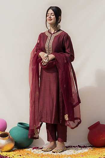 Buy Wine Silk Chanderi Hand Embroidered Kamini Yoke Kurta Pant Set For ...